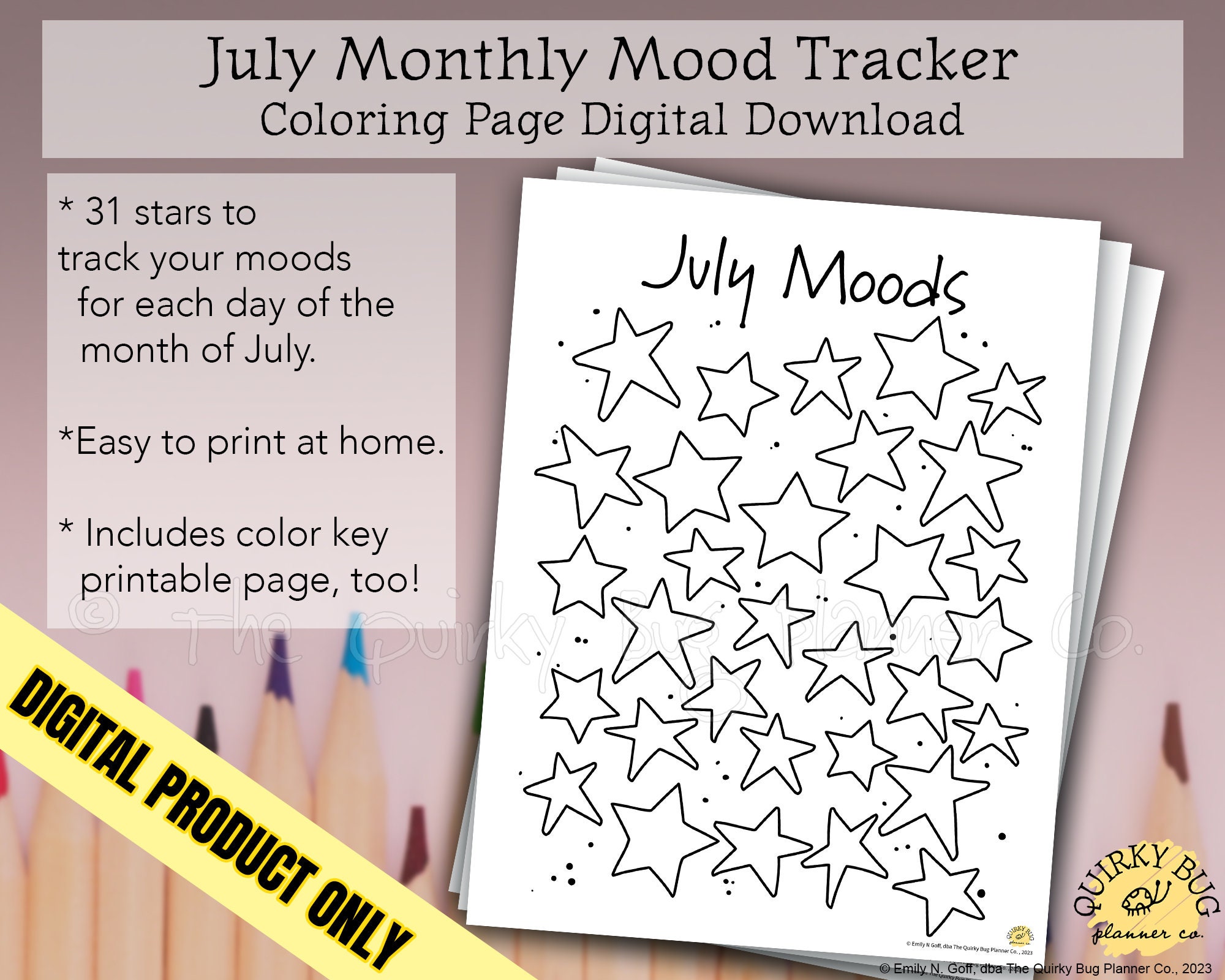 July Stars Mood Tracking Coloring Page + Color Key Page - Printable ...