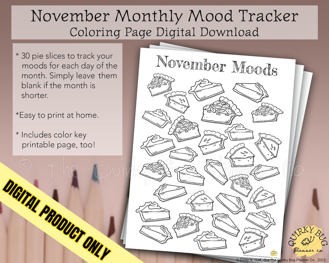 November Pies Mood Tracking Coloring Page + Color Key Page - Printable ...