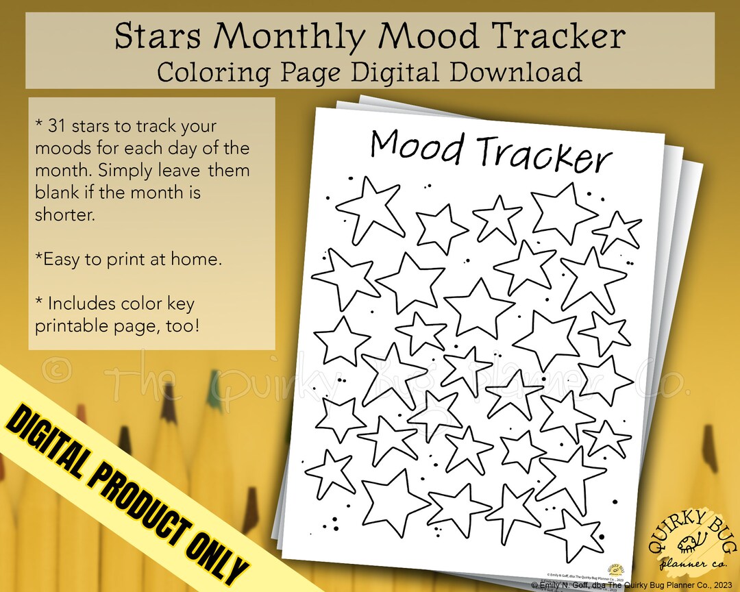 Monthly Stars Mood Tracking Coloring Page + Color Key Page - Printable ...