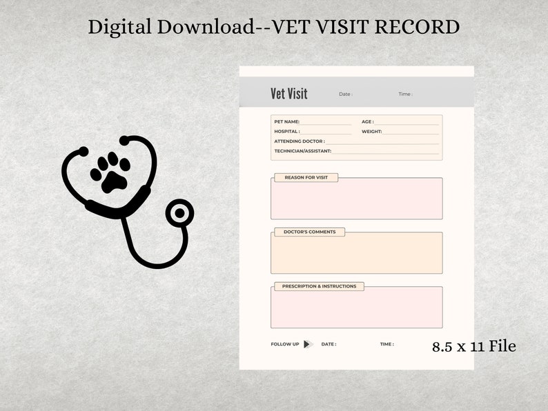 Pet Vet Visit Record, Pet Medical Record, Printable Pet Visit Record ...