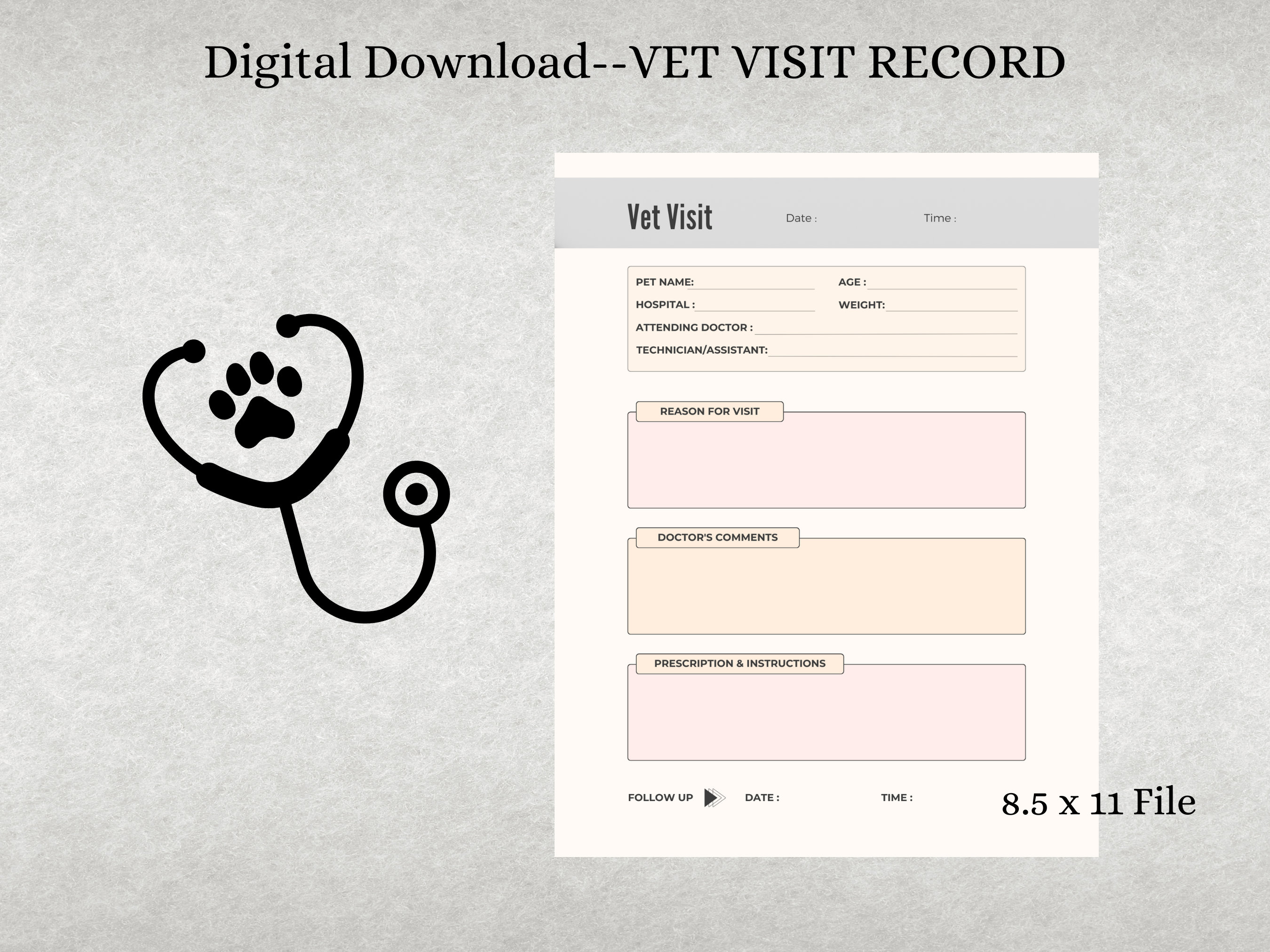 Pet Vet Visit Record, Pet Medical Record, Printable Pet Visit Record ...
