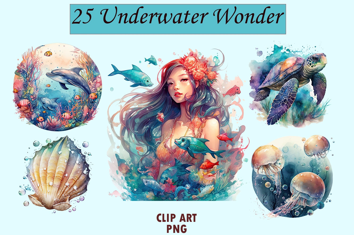 Underwater Wonder Clipart & Sublimation Mermaid Art Png Clam - Etsy