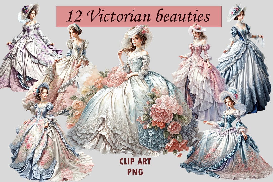 Victorian Aristocrat Ladies Clipart, Digital Download PNG, Floral Dress ...