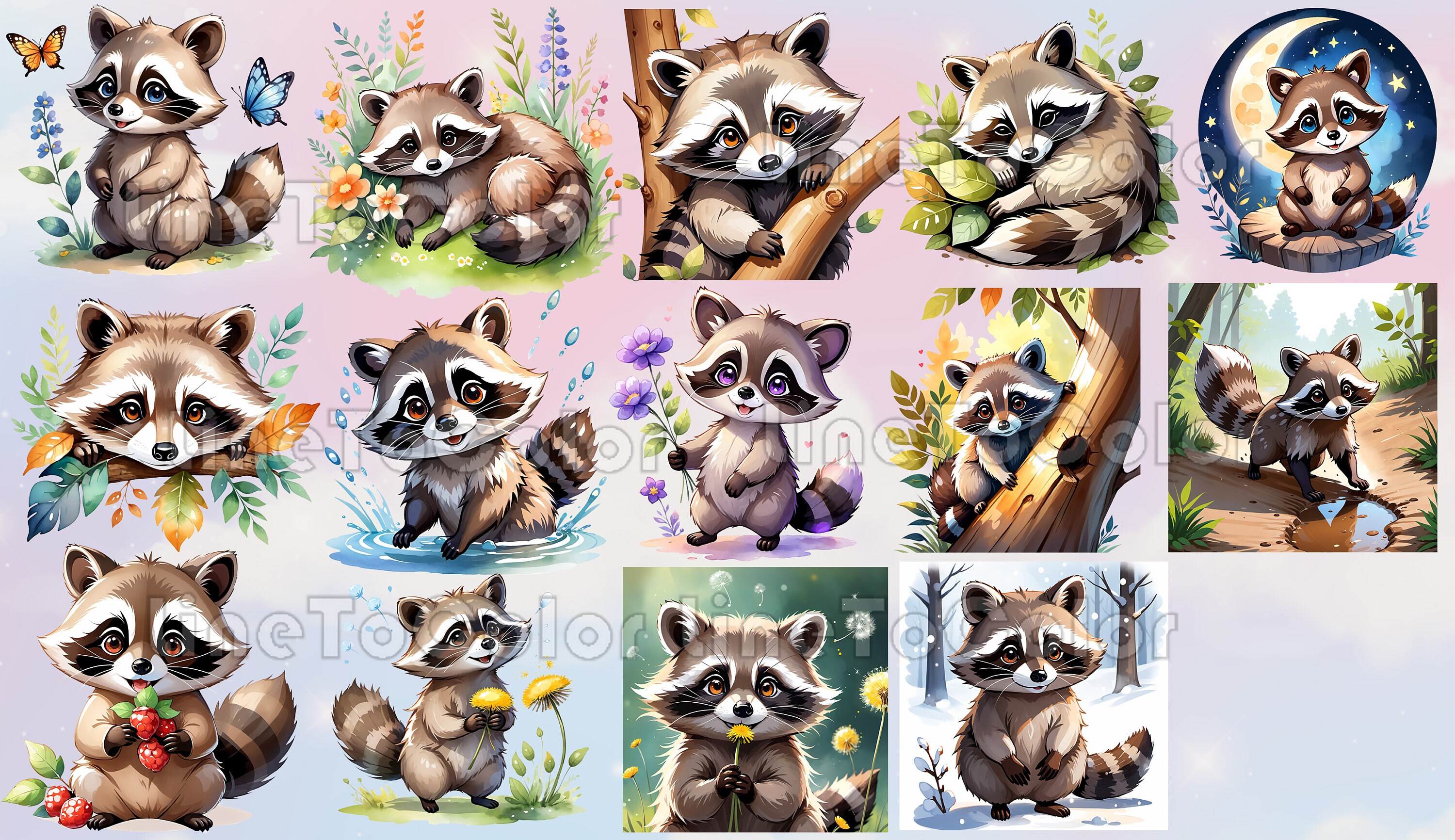 Watercolor Raccoons Clipart Bundle & Sublimation Art Adorable Cartoon ...