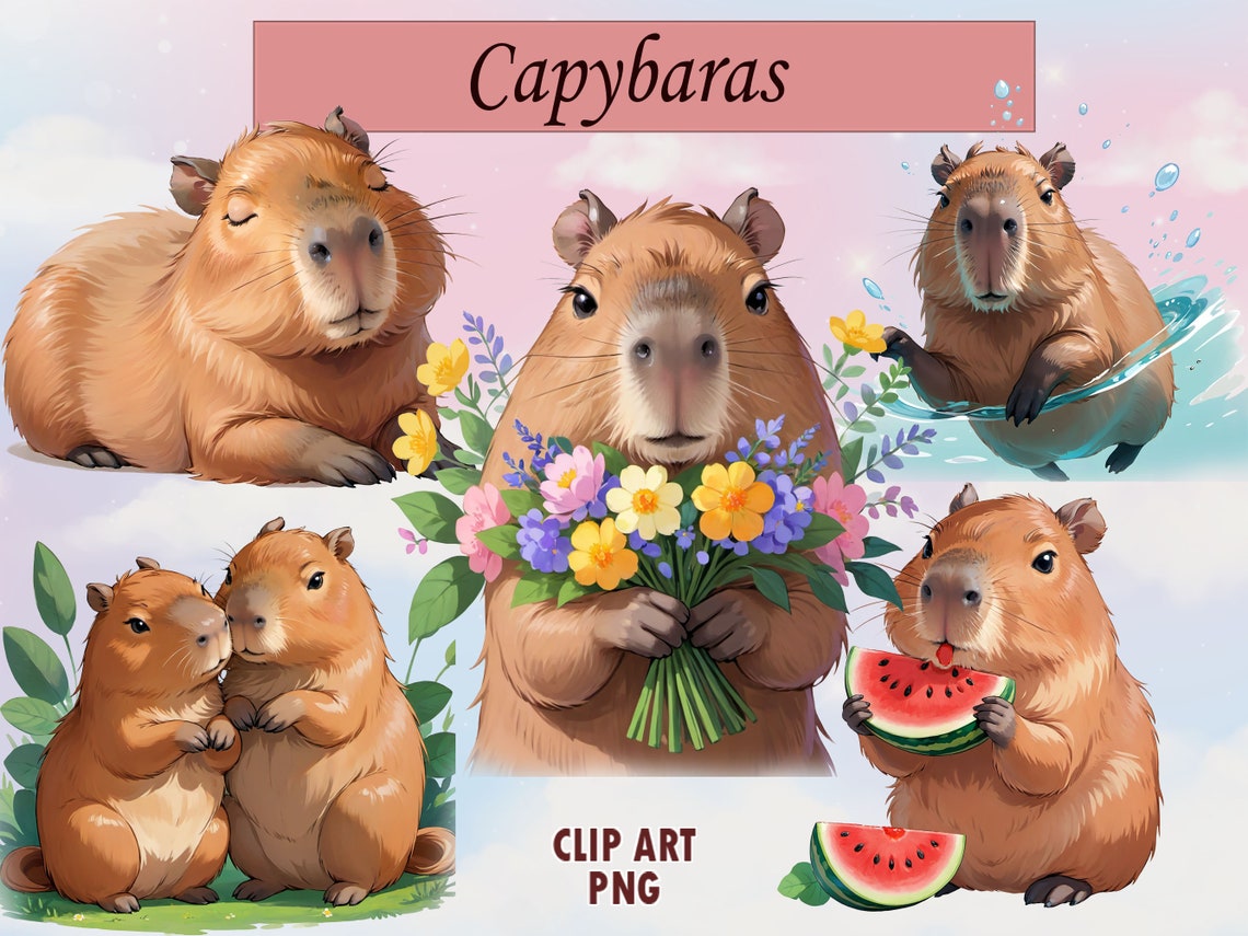 Capybaras Clipart Bundle & Sublimation Art Cute Animal, Digital ...