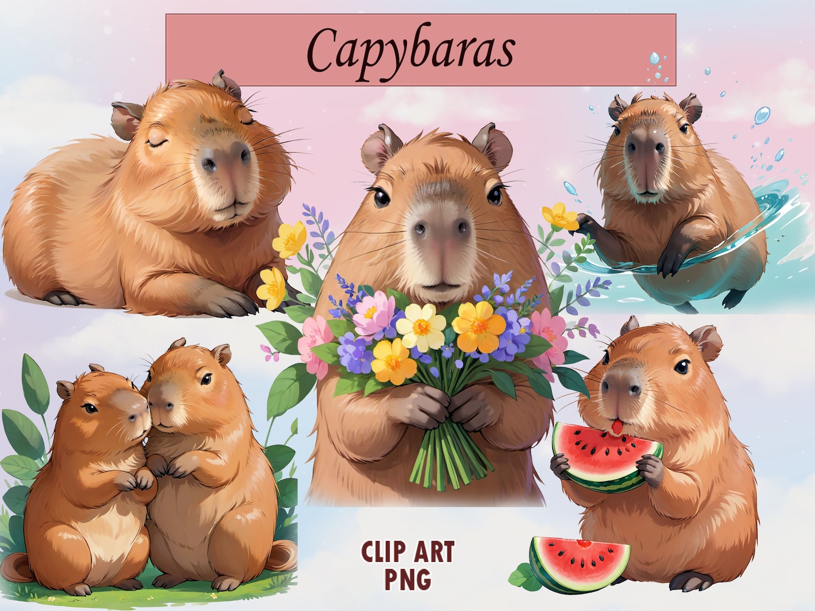 Capybaras Clipart Bundle & Sublimation Art Cute Animal, Digital ...