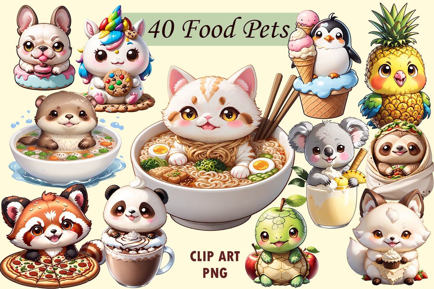 Adorable Food Pets Clipart Kawaii Animals, Food Theme Art, Pet PNG ...