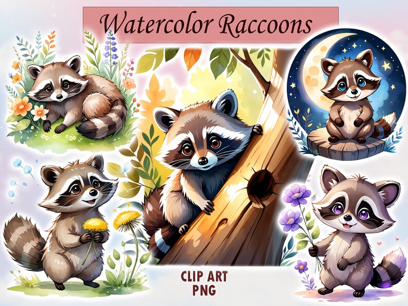 Watercolor Raccoons Clipart Bundle & Sublimation Art Adorable Cartoon ...