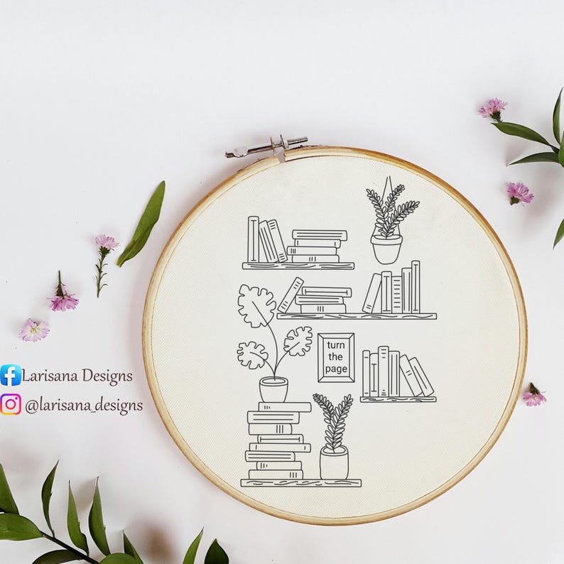 Floral Bookshelf Hand Embroidery Pattern: Book Lover Gift (PDF Pattern ...