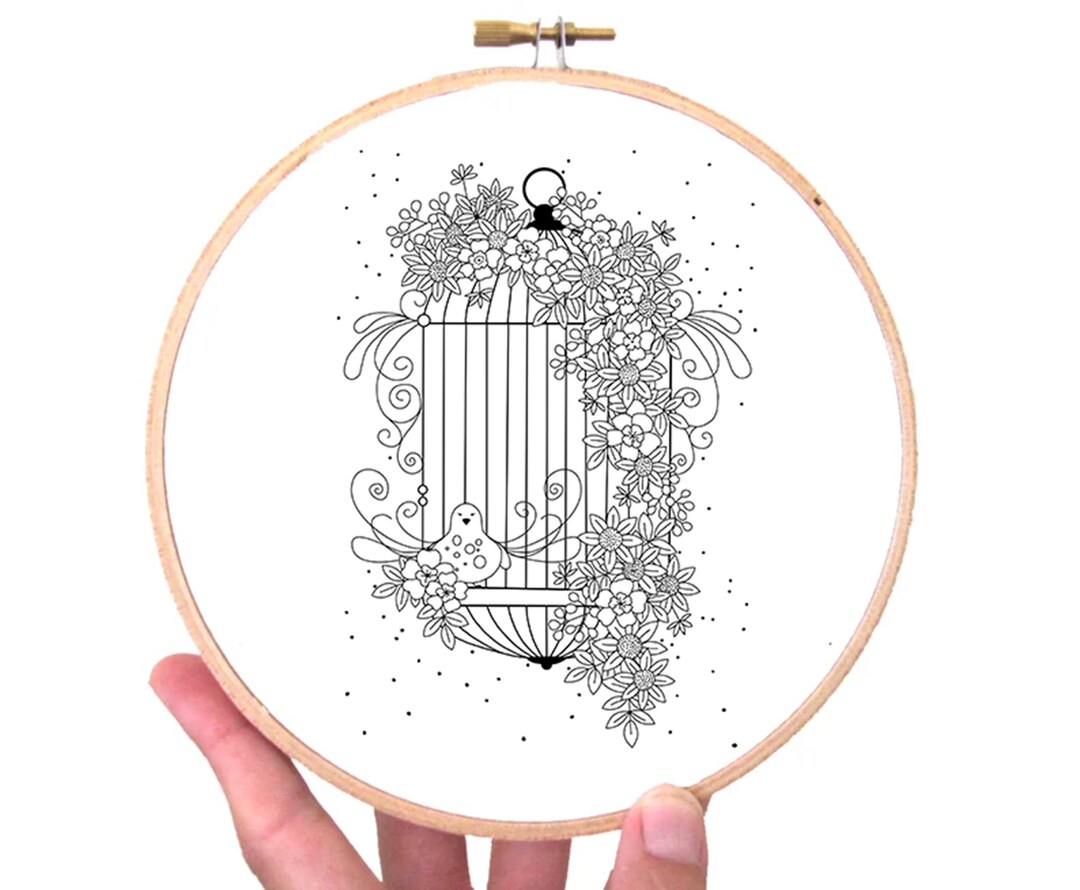 Bird and Flower Embroidery Pattern Bird Cage Embroidery Floral and Bird ...