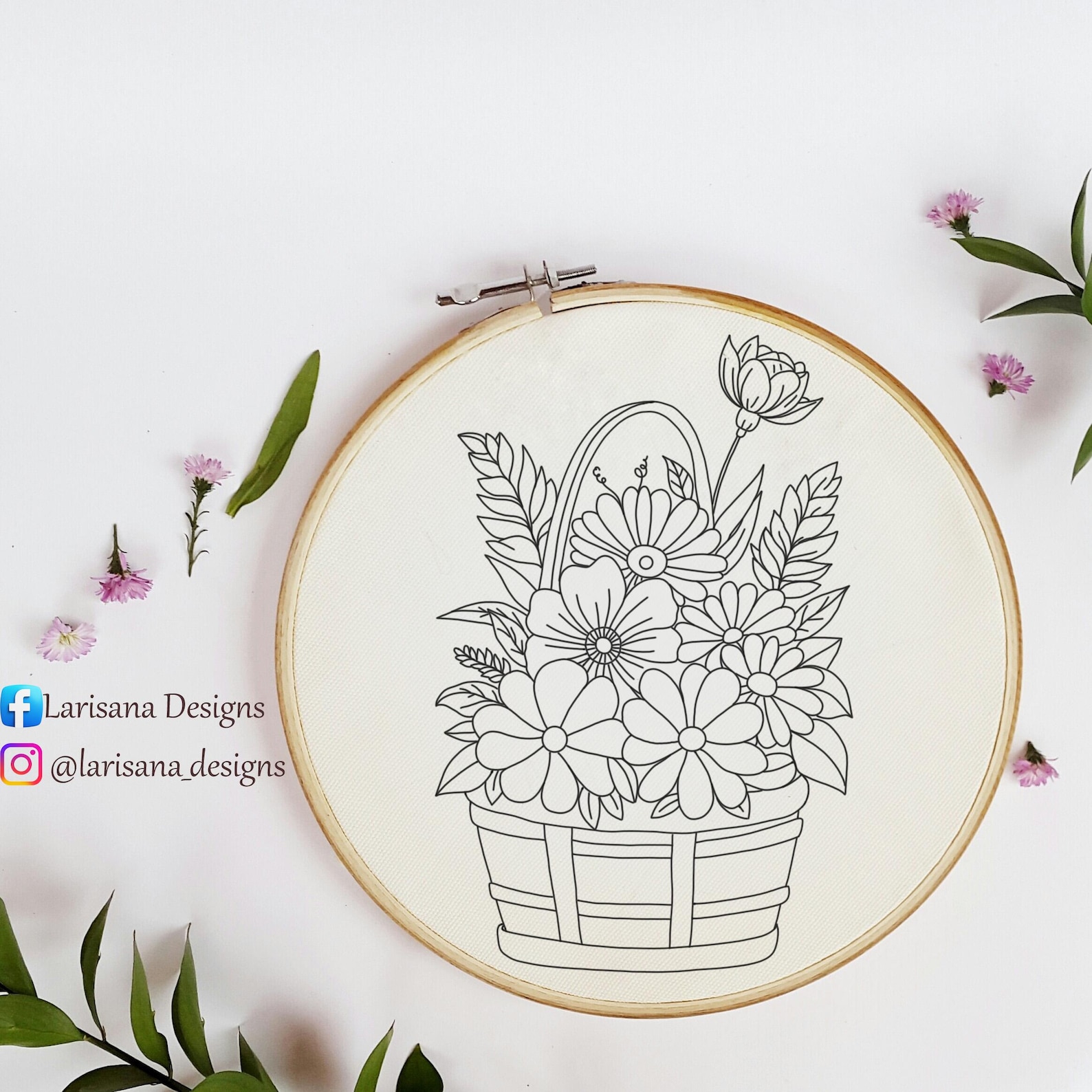 Flower Basket Hand Embroidery Pattern: Floral Line Art (digital ...