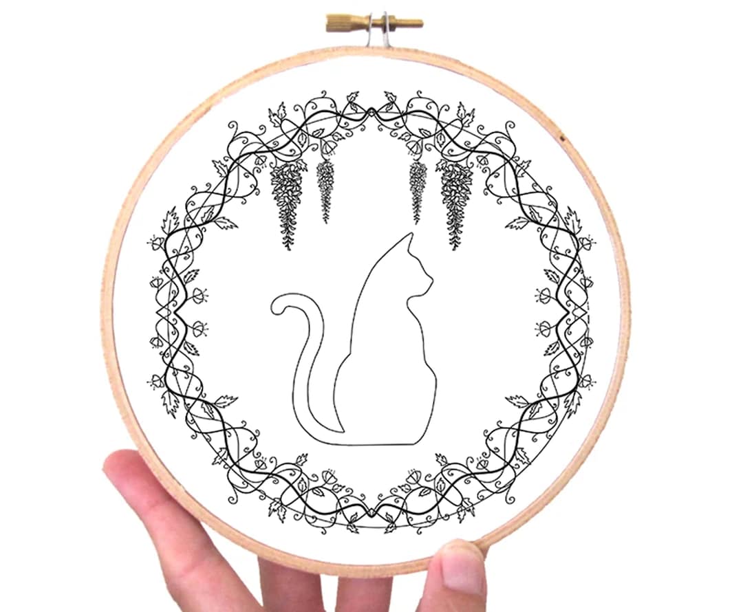 Cat Floral Hand Embroidery Pattern, Cat Silhouette Embroidery PDF ...