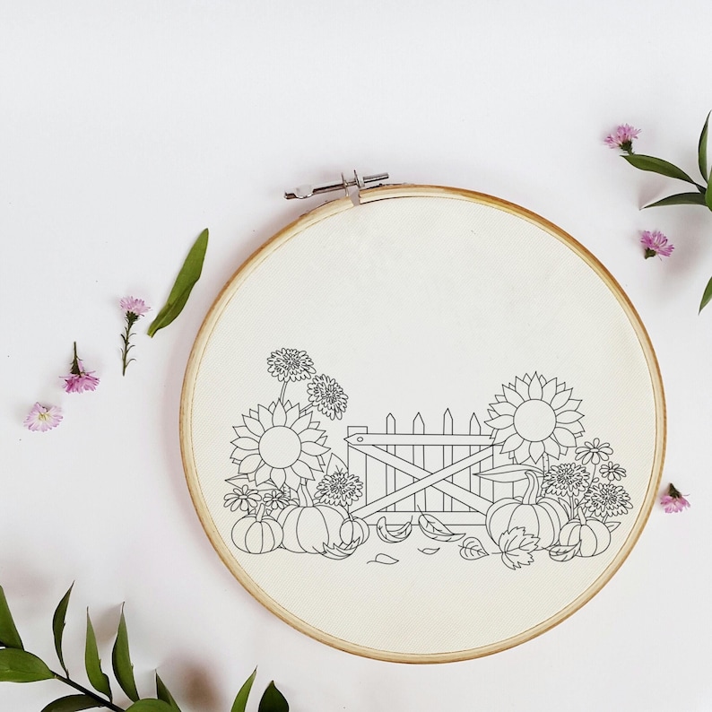 Fence With Pumpkins Embroidery Pattern, Autumn Sunflower Design (PDF ...