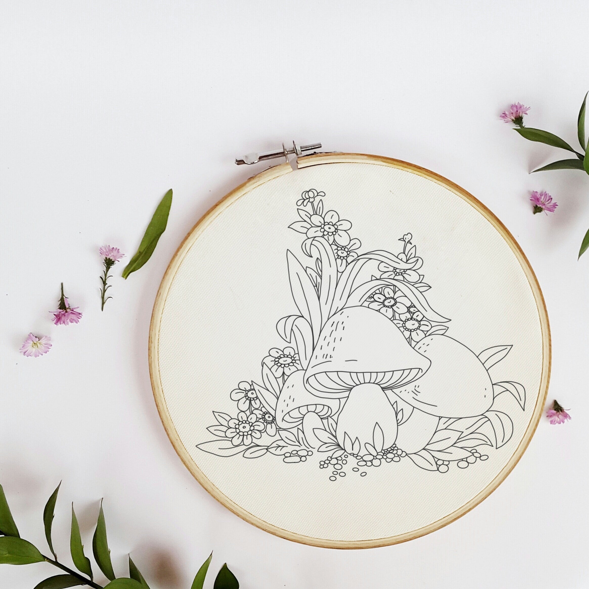 Mushrooms Hand Embroidery Pattern, Mushrooms With Flowers Template ...