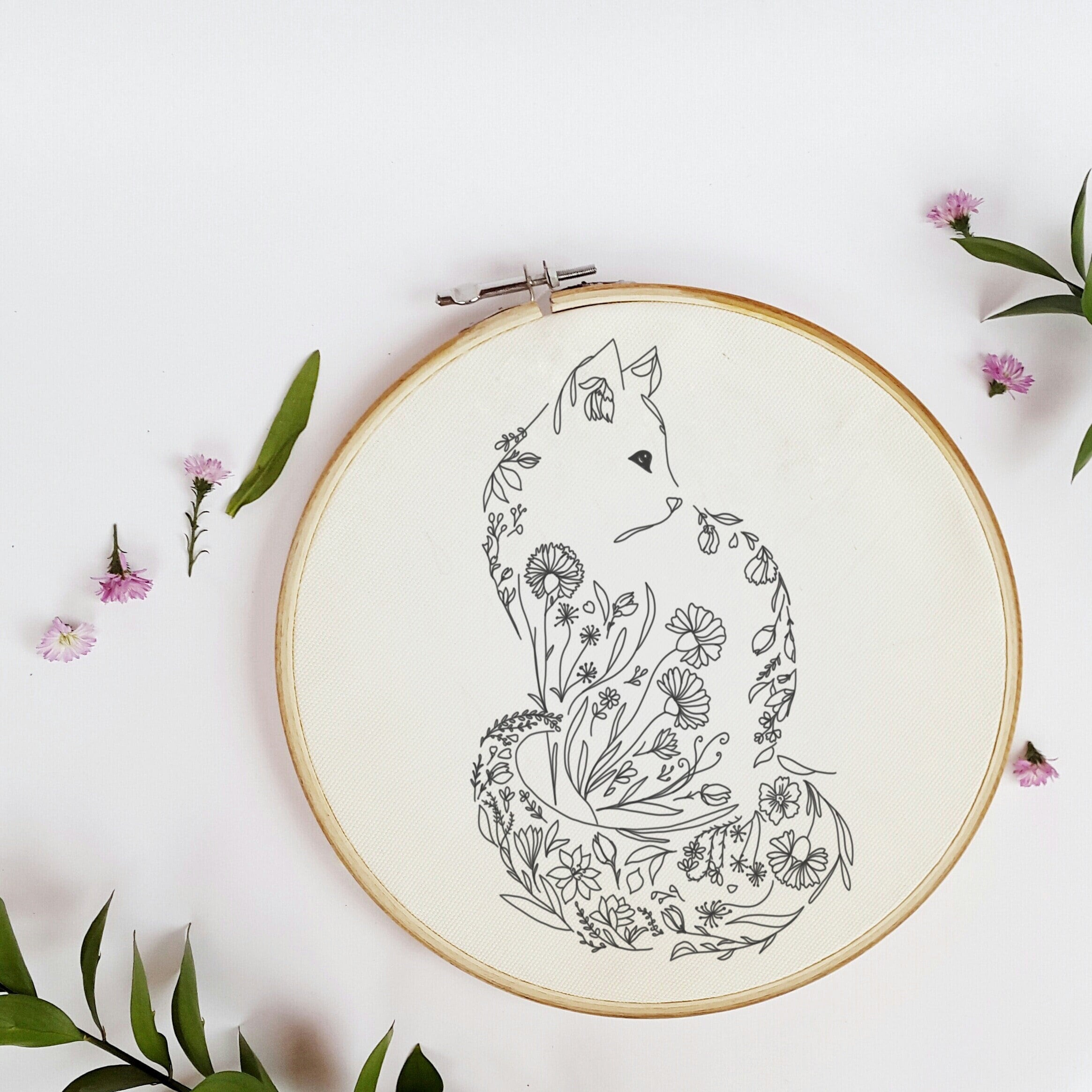 Cat Floral Hand Embroidery Pattern, Cat Silhouette Embroidery PDF ...