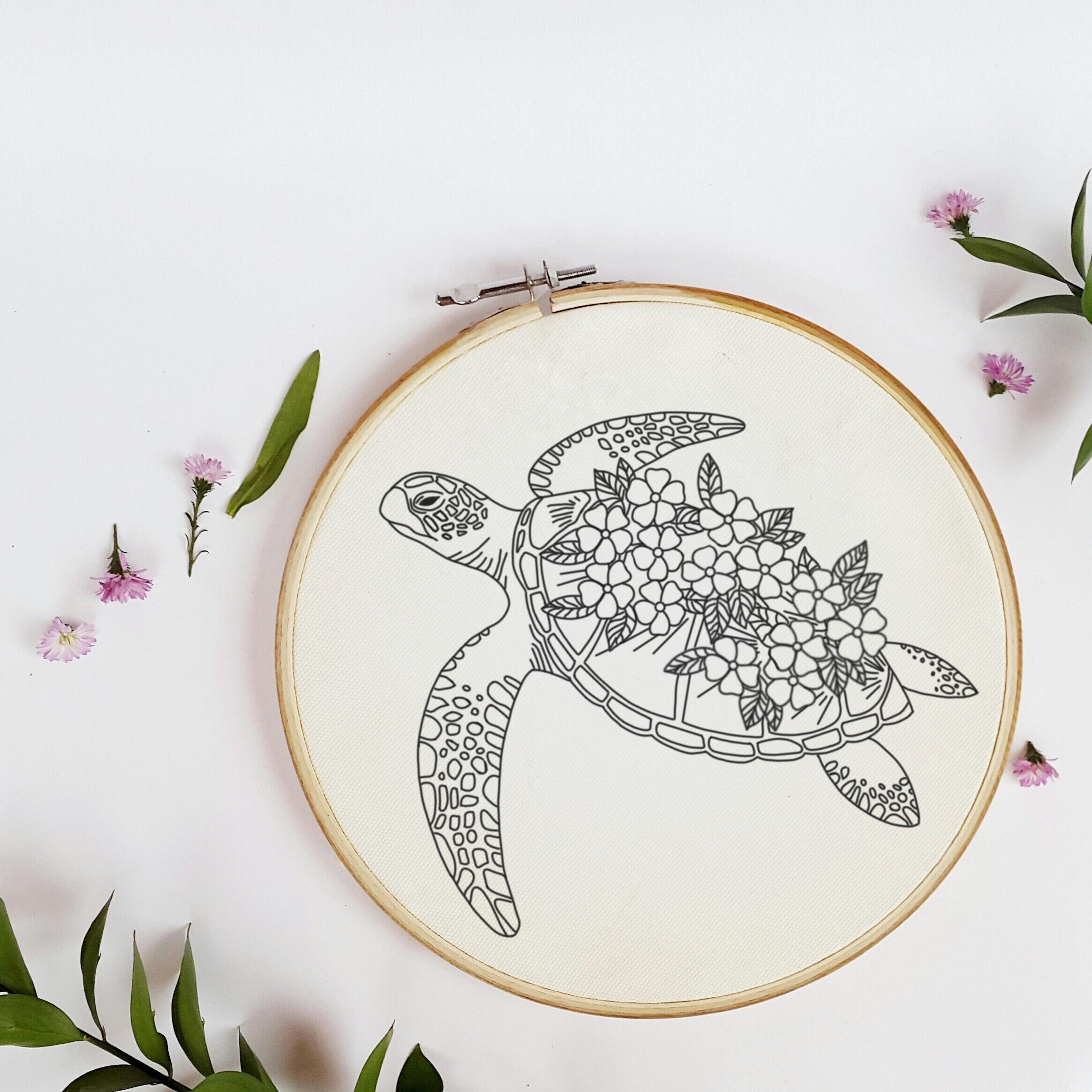 Summer Turtle Embroidery Pattern Download, Floral Turtle Needlepoint ...