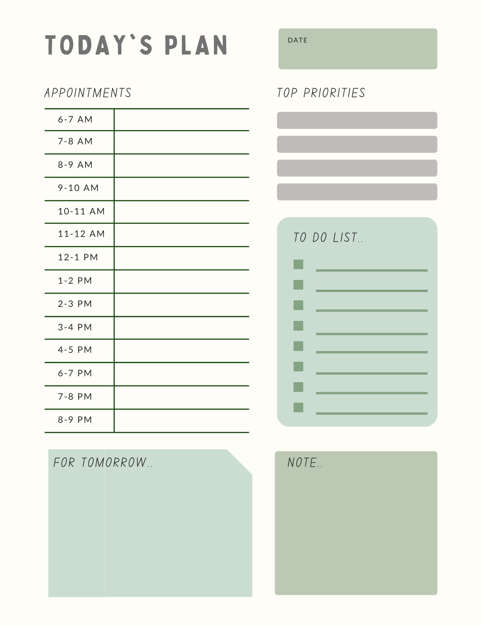 Today's Plan, Appointments, to Do List, Tomorrow, Top Priorities, PDF ...