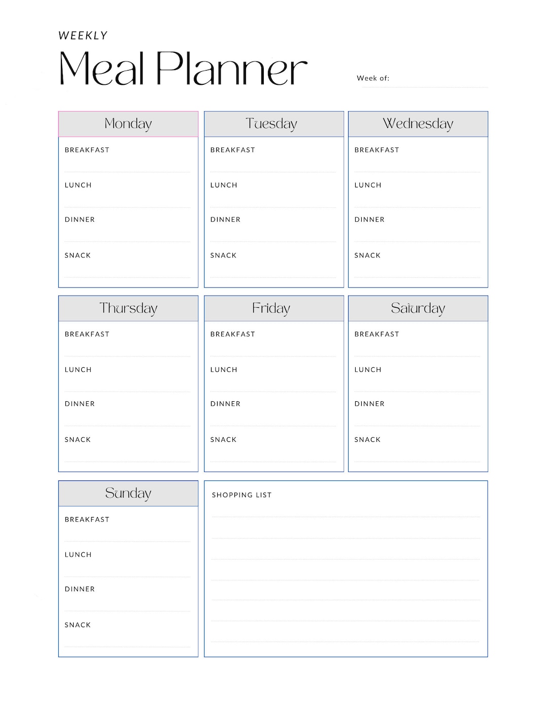 Weekly Meal Planner, Prep, PDF, Downloadable, Fillable, Printable - Etsy