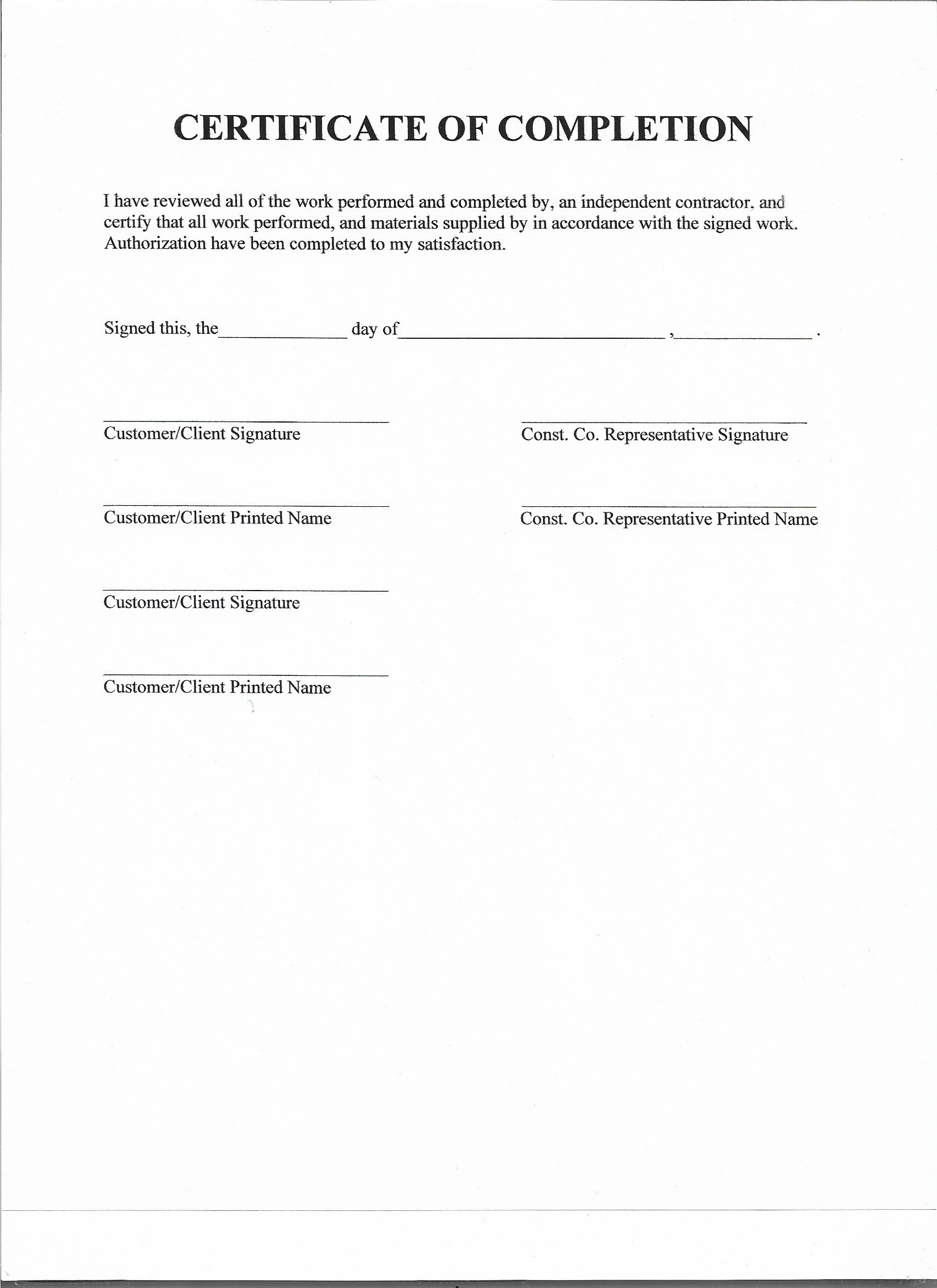 Construction Certificate Of Completion Template Construction Certificate Of Completion Template