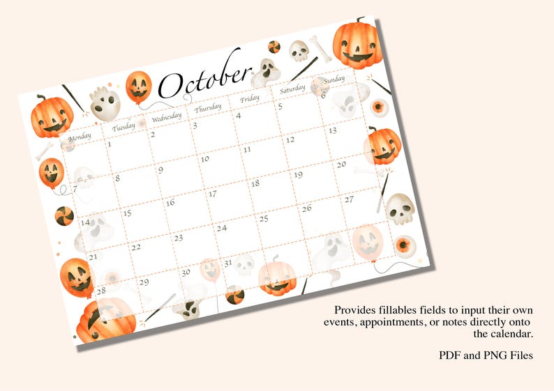 October 2024 Calendar, Halloween Calendar Printable - Etsy