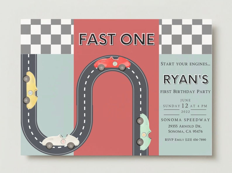 Fast One Race Car Invitation Template - Etsy
