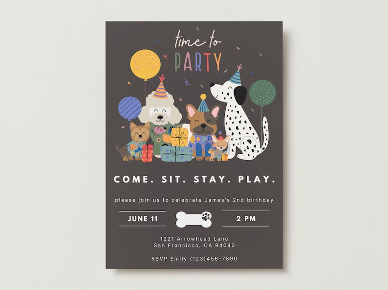 Come Sit Stay Play Puppy Party, Dog Theme Birthday Invitation Template ...