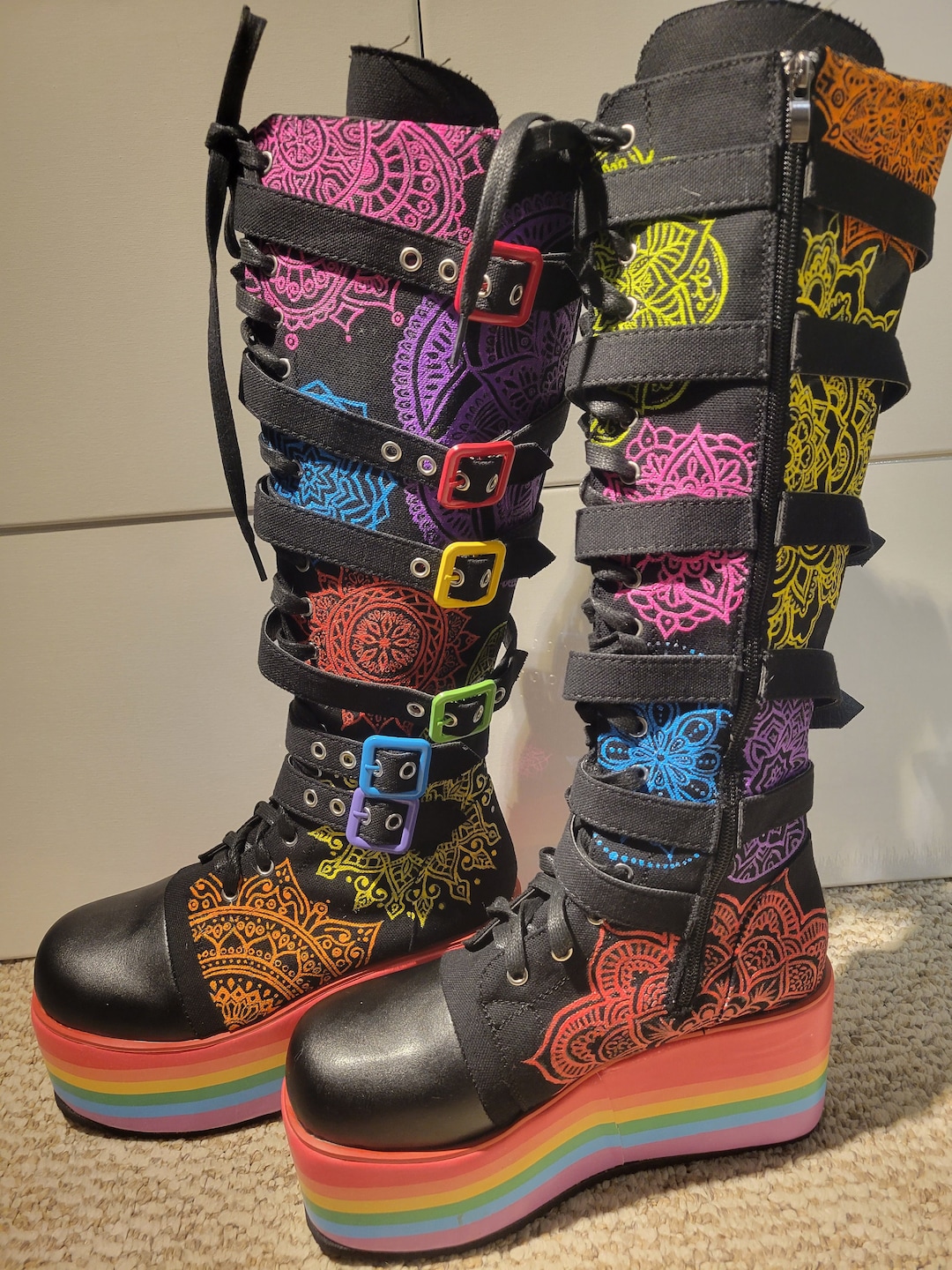 Hand Painted Mandala Rainbow Emo Platform Alt Boots Punk - Etsy