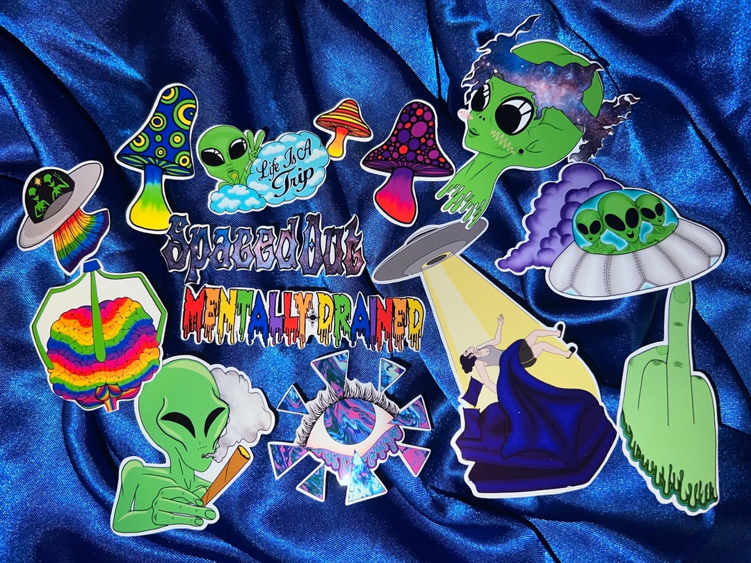 Trippy Alien Sticker Pack of 14 Psychedelic Colorful Sticker Art UFO ...