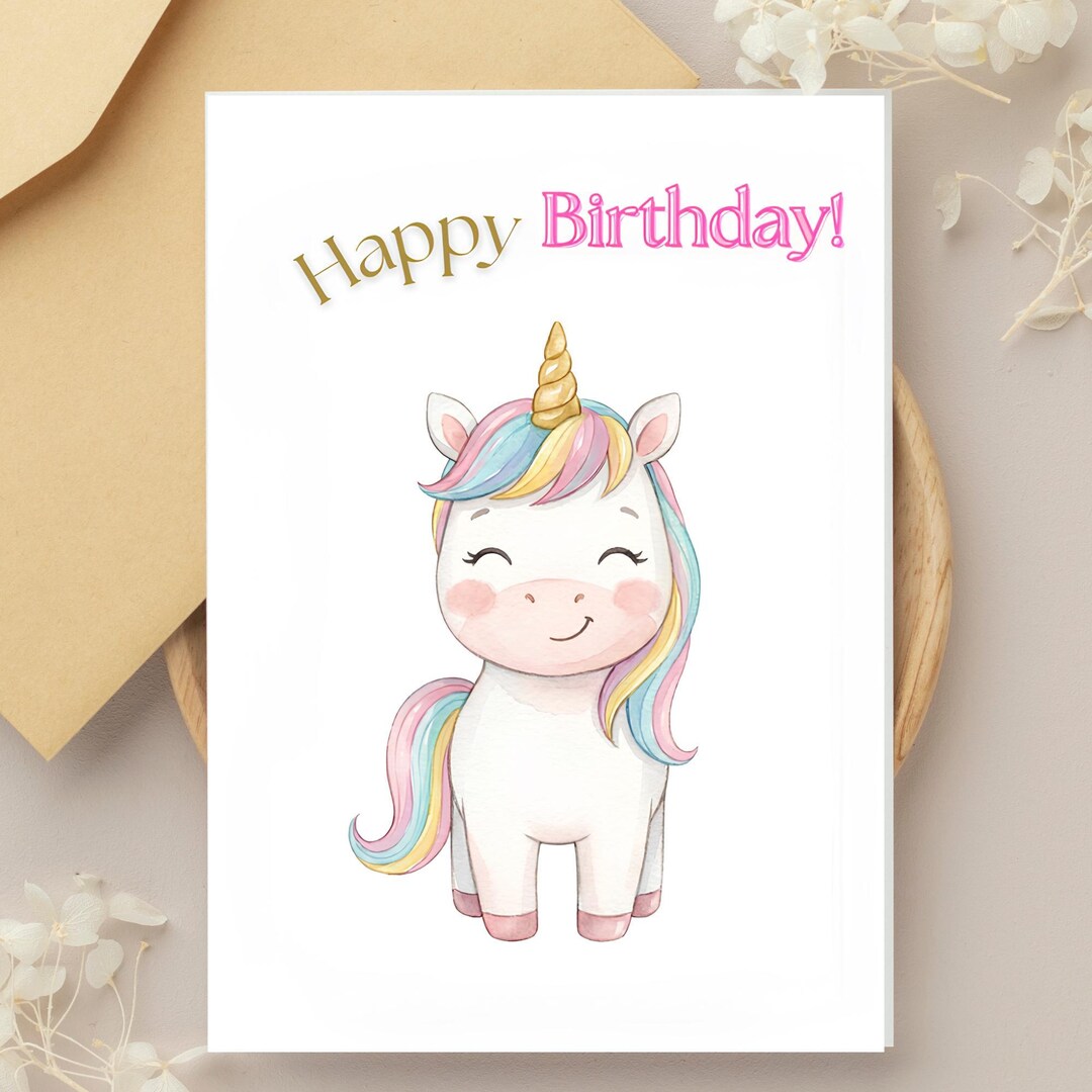 Kids Happy Birthday Card – Digital Printable Greeting Unicorn ...
