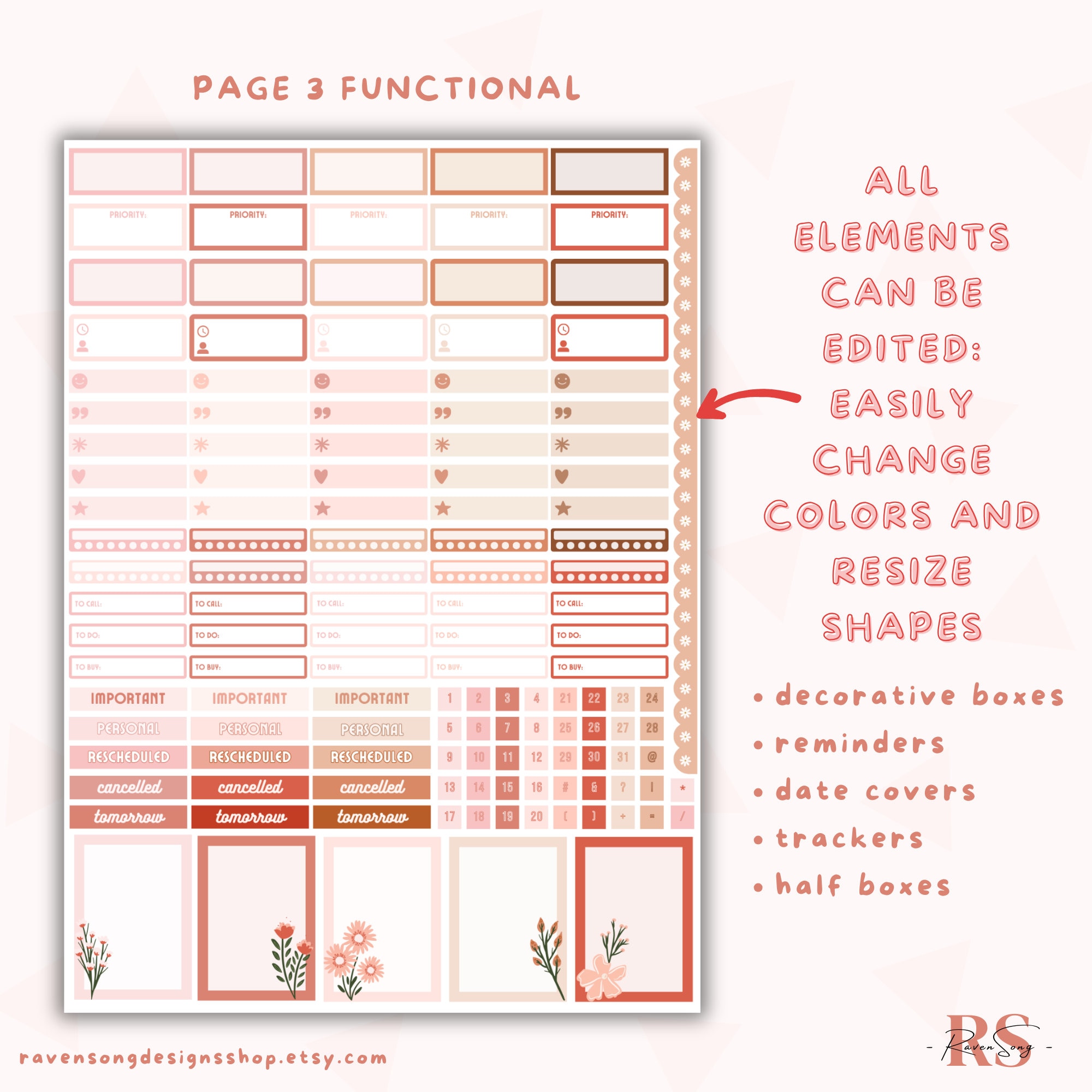 Canva Planner Sticker Template | ECLP A5 Horizontal | Boho Floral ...