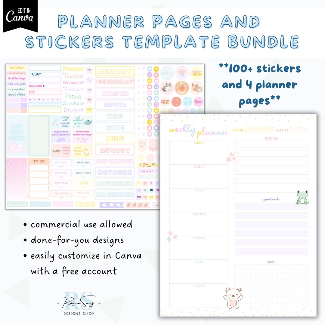 Colorful Canva Template Bundle | Cute Printable Planner Stickers | PLR ...