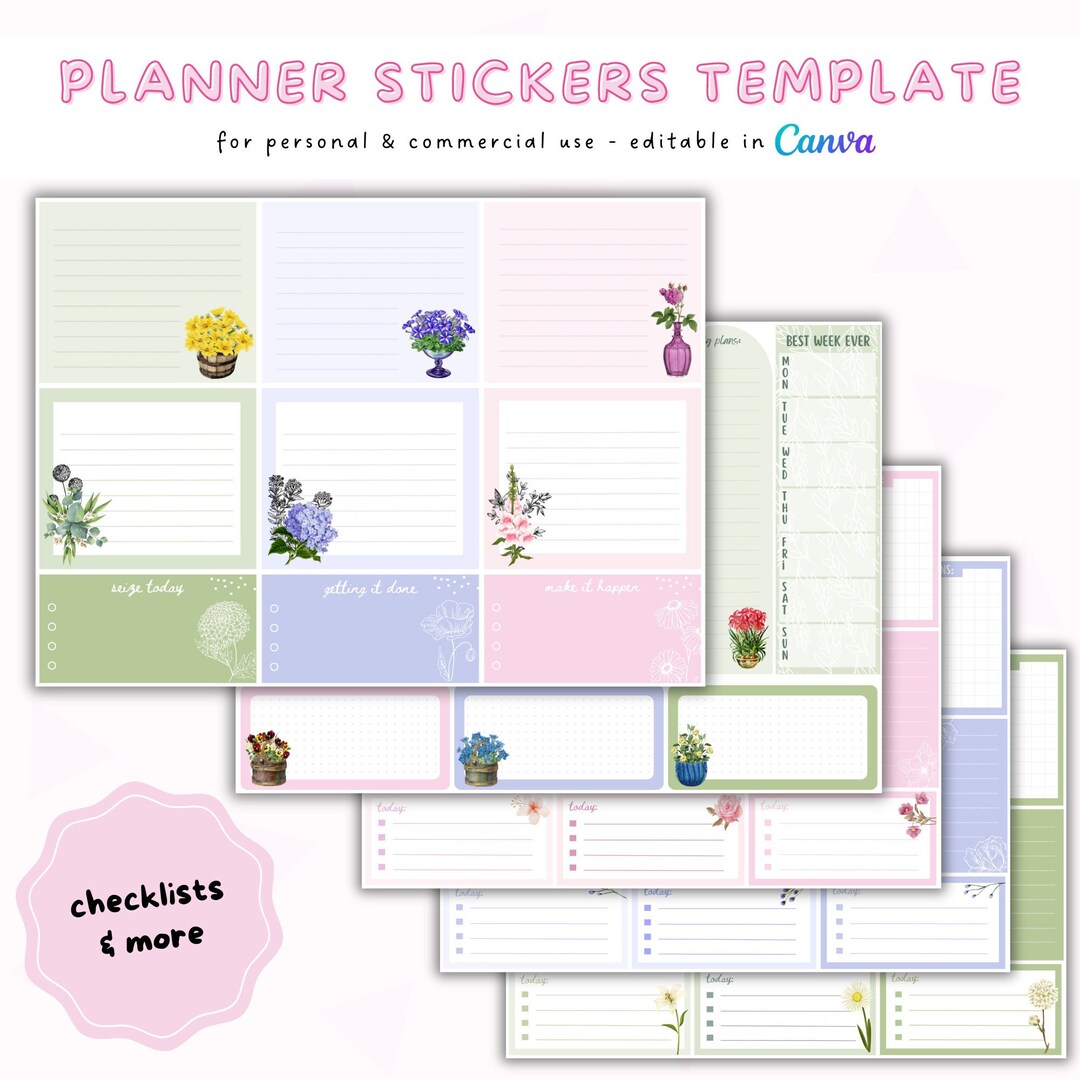 Canva Planner Sticker Template | Pretty Florals Checklists | Sticker ...