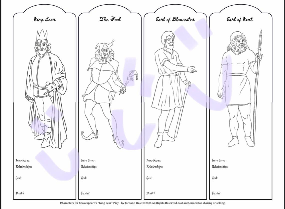 Printable Shakespeare’s King Lear Characters | Blank or Water Colored ...