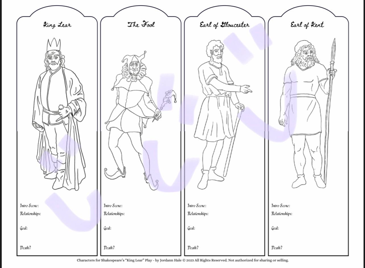 Printable Shakespeare’s King Lear Characters | Blank or Water Colored ...