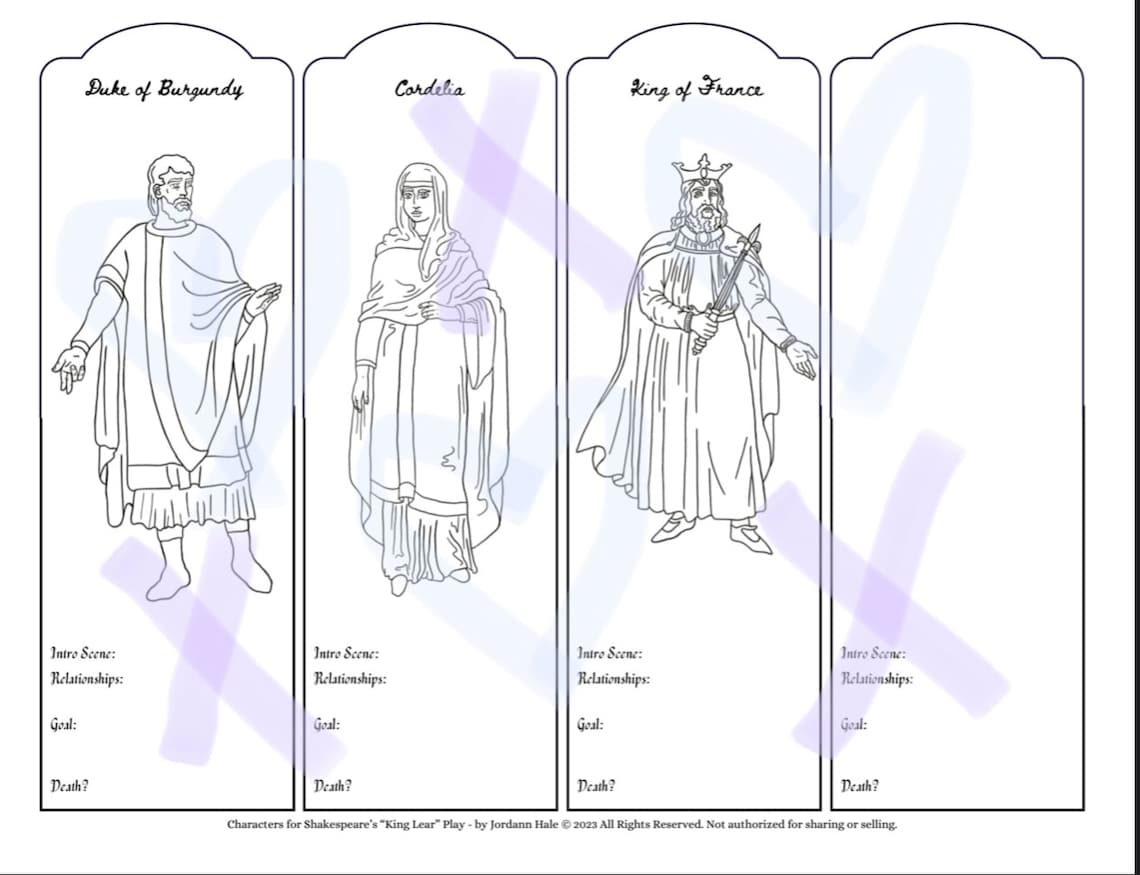 Printable Shakespeare’s King Lear Characters | Blank or Water Colored ...