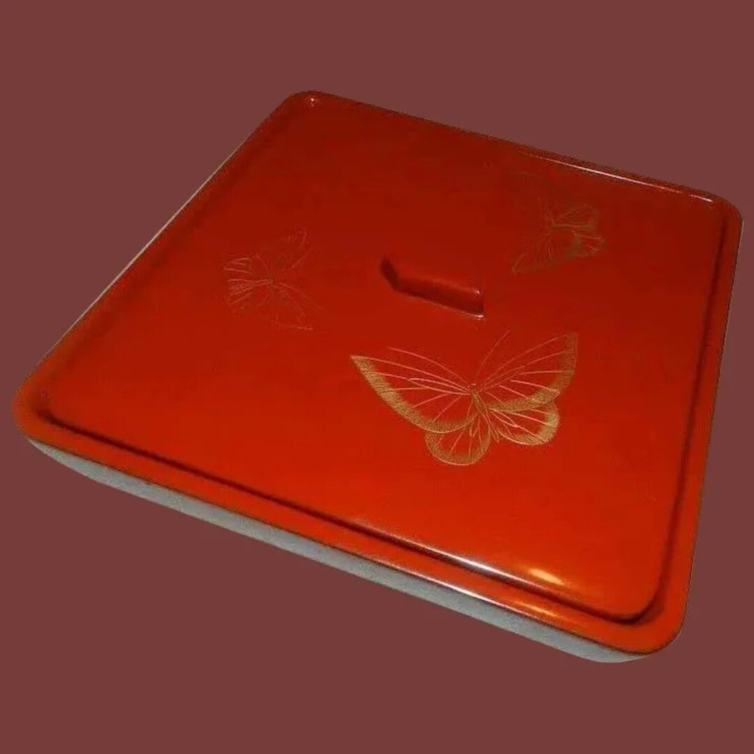 Japanese Vintage Lacquer Square Food Container Chinkin Style Red ...