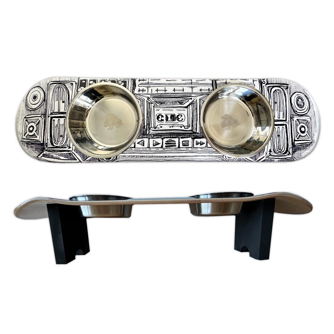 Boombox Dog Skatebowl - Elevated Dog Bowl With 2 Stainless Steel Bowls ...