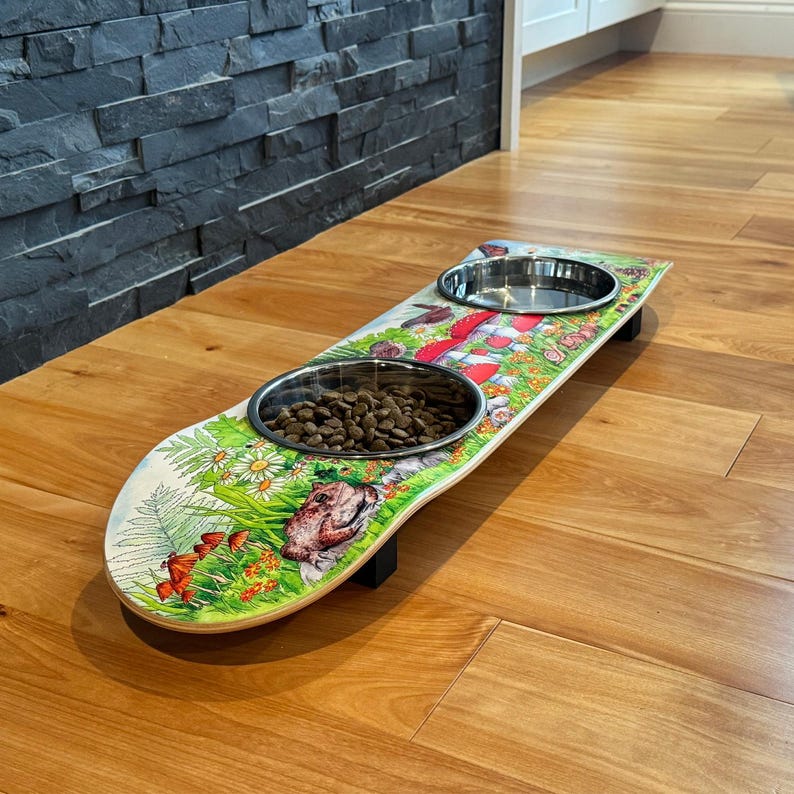Funky Fungi Cat Skatebowl - Elevated Cat Bowl With 2 Stainless Steel ...
