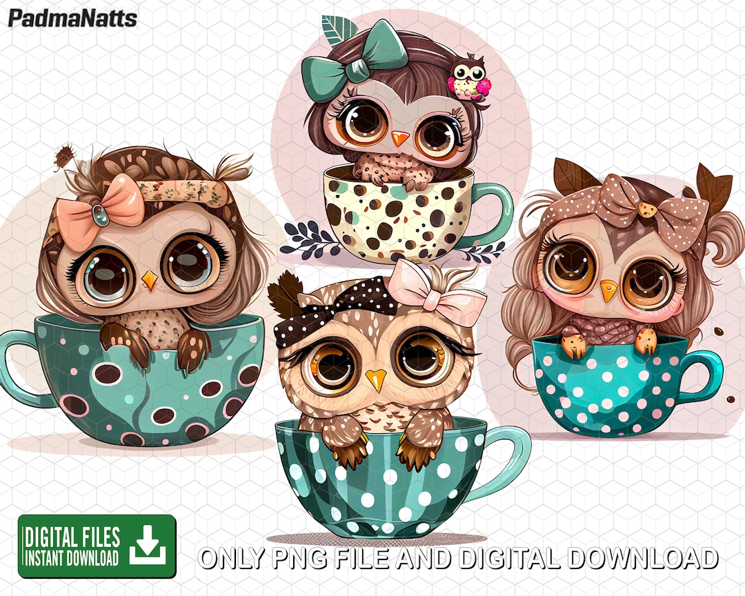 Cute Owl Girl in Cup Sublimation Png, Cute Owl Girl Watercolor Clipart ...