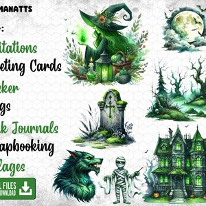 Watercolor Green Halloween Clipart, Trendy Halloween, Green Spooky ...