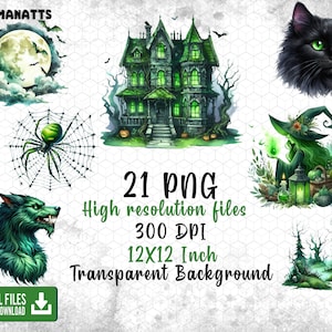 Watercolor Green Halloween Clipart, Trendy Halloween, Green Spooky ...