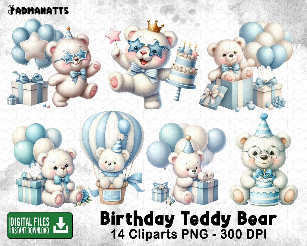 Watercolor Funny Birthday Teddy Bear Collection Clipart, Teddy Bear ...