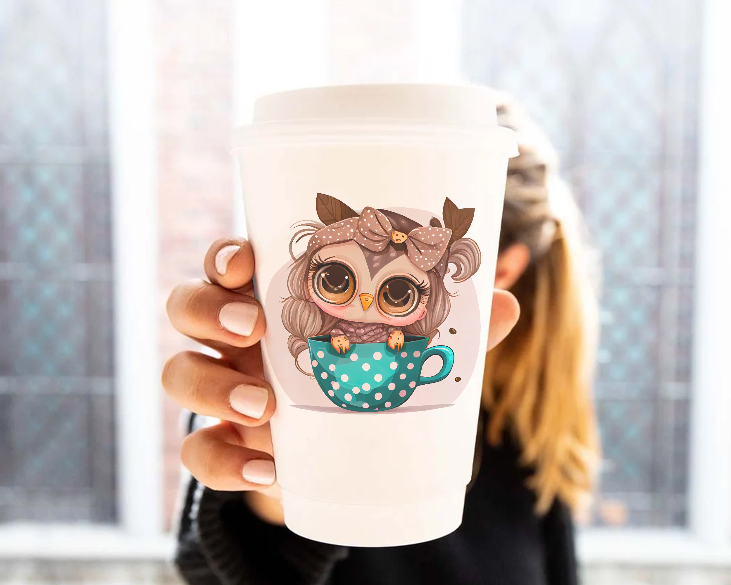 Cute Owl Girl in Cup Sublimation Png, Cute Owl Girl Watercolor Clipart, Cute Owl Png, Watercolor ...