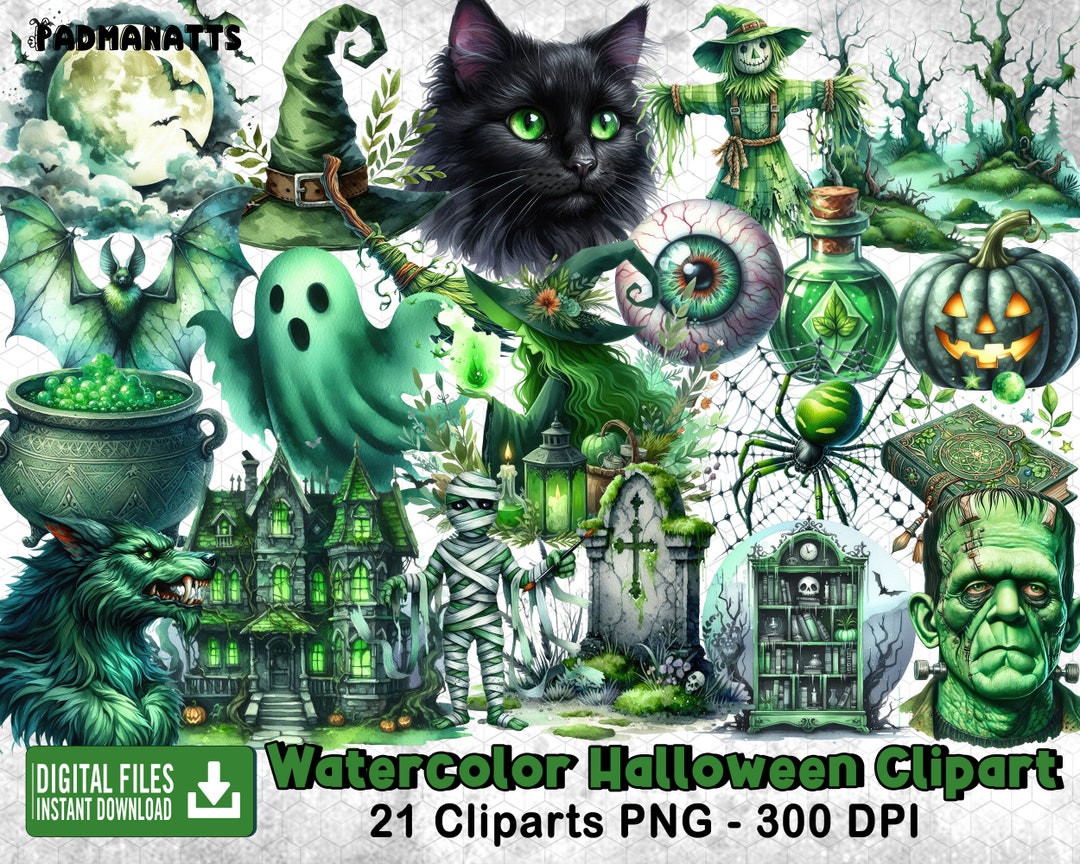 Watercolor Green Halloween Clipart, Trendy Halloween, Green Spooky ...