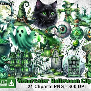 Watercolor Green Halloween Clipart, Trendy Halloween, Green Spooky ...