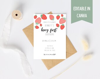 Berry First Birthday Invitation Berry Sweet Strawberry Party Editable ...