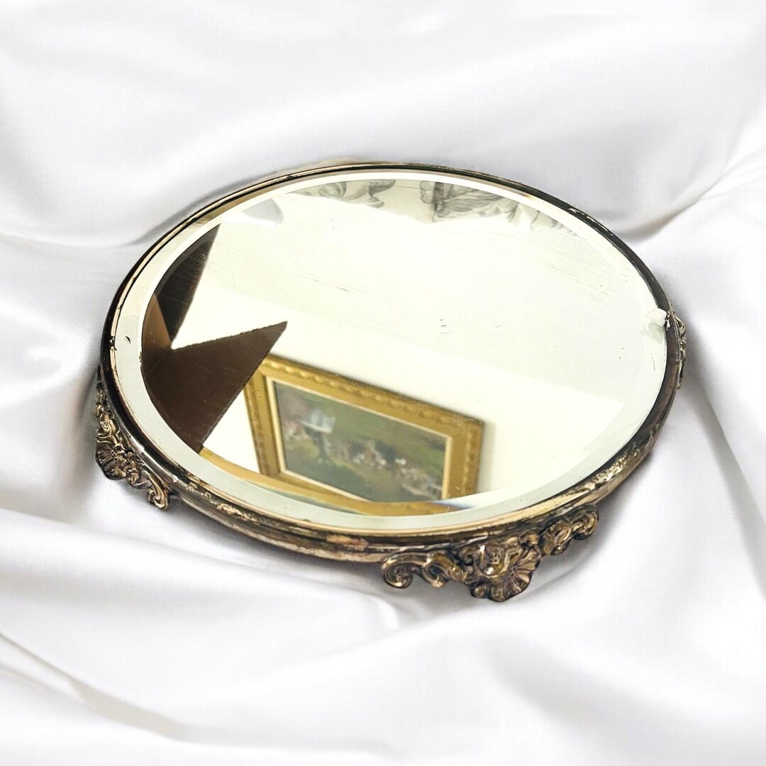 Antique Victorian Round Plateau Display Mirror Features Silvered Metal ...