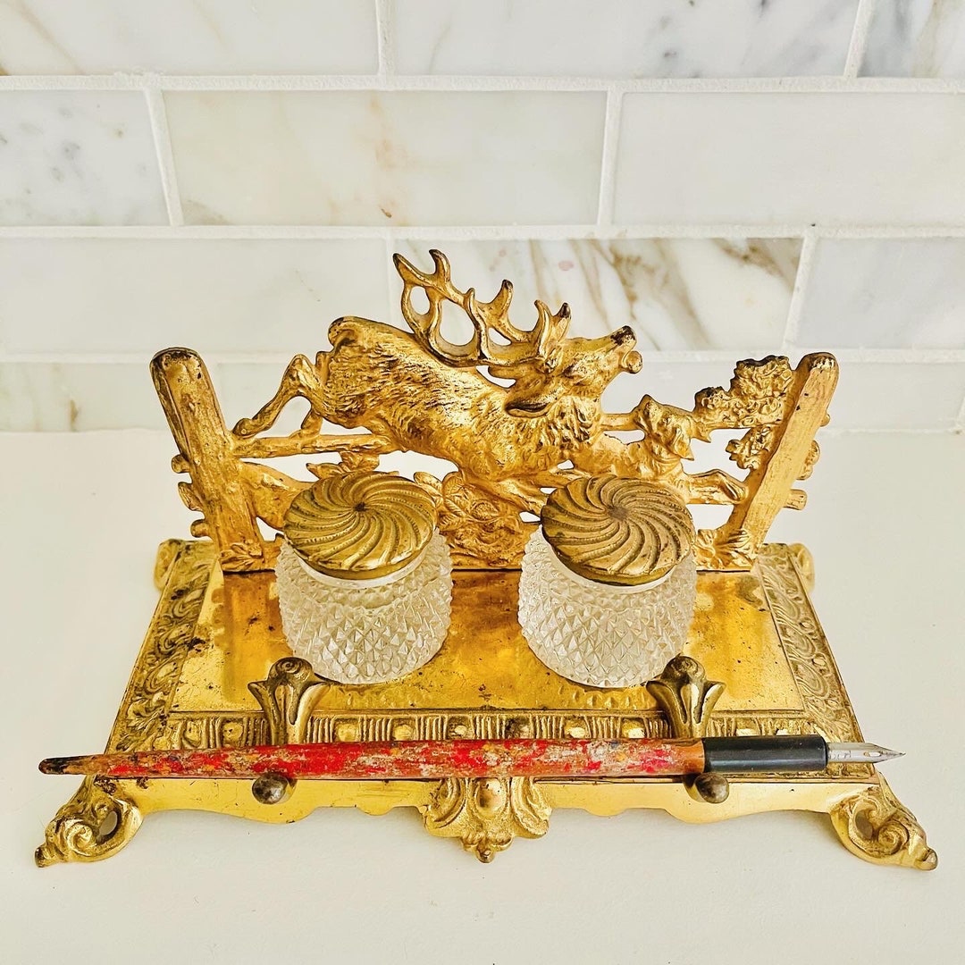 Vintage Double Ink Well With Stag Being Chased by Dogs – Bradley ...