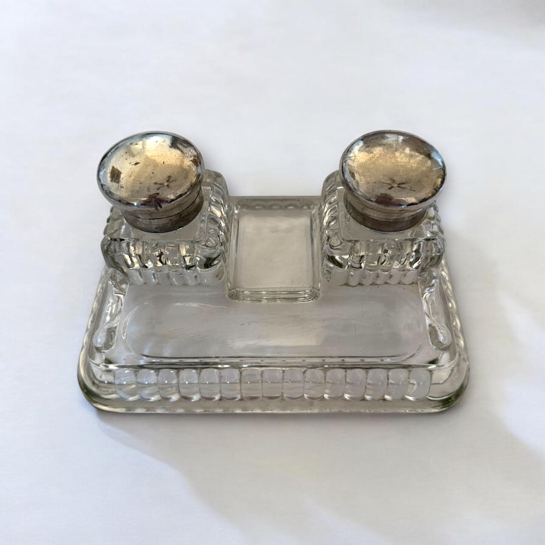 Vintage Inkwell and Pencil/item Holder Molded Glass With Double Tanks ...
