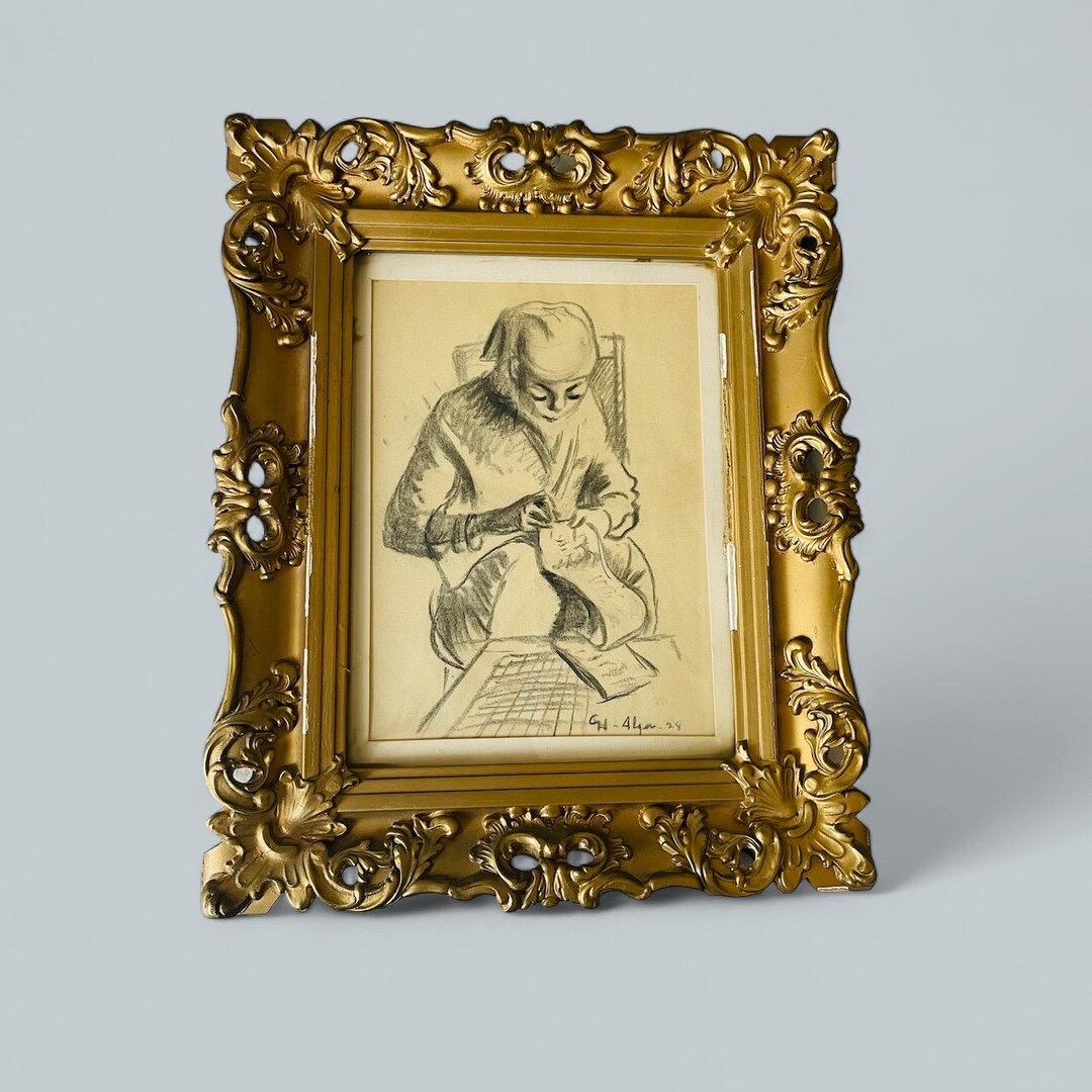 Vintage Original Charcoal Drawing in Vinatave Brass Painted Gold Frame ...